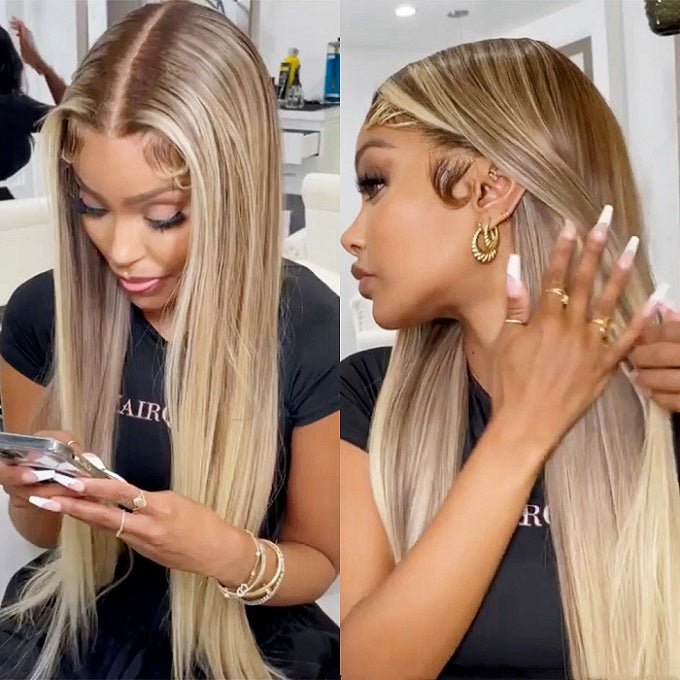 Angie Queen 13X4 HD Lace Front Wig#P18/613 Blonde Highlight Straight H ...
