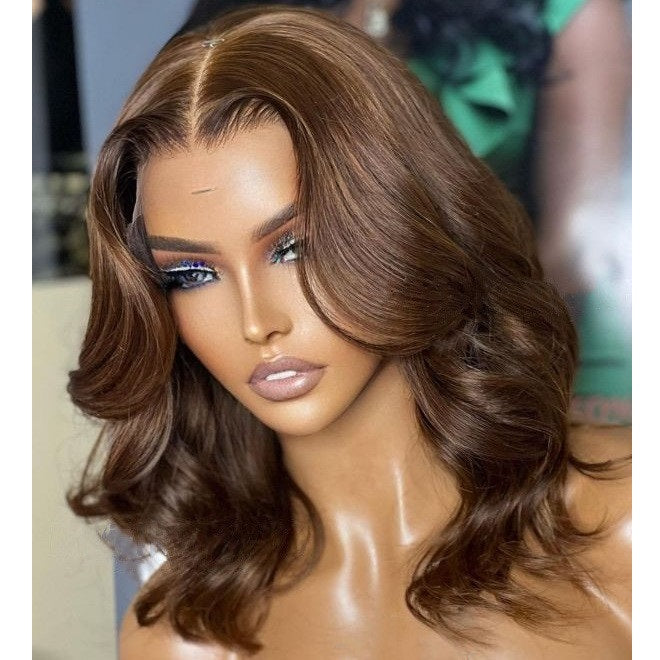AngieQueen Chocolate Brown Body Wave Human Hair Lace Front Bob Wig 180 ...