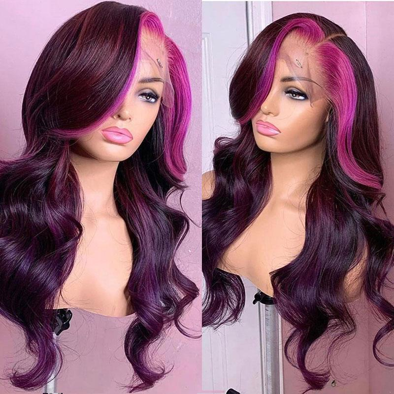 AngieQueen 13x4 Lace Front Wig Highlight Pink Purple Body Wave Humen H ...