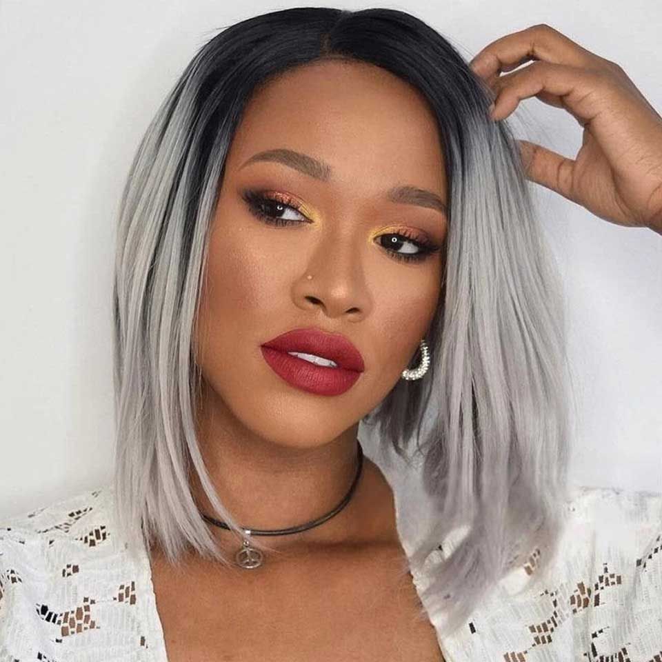 Angie Queen T1b/Grey Straight Middle Part Frontal Lace Short Cut Bob W ...